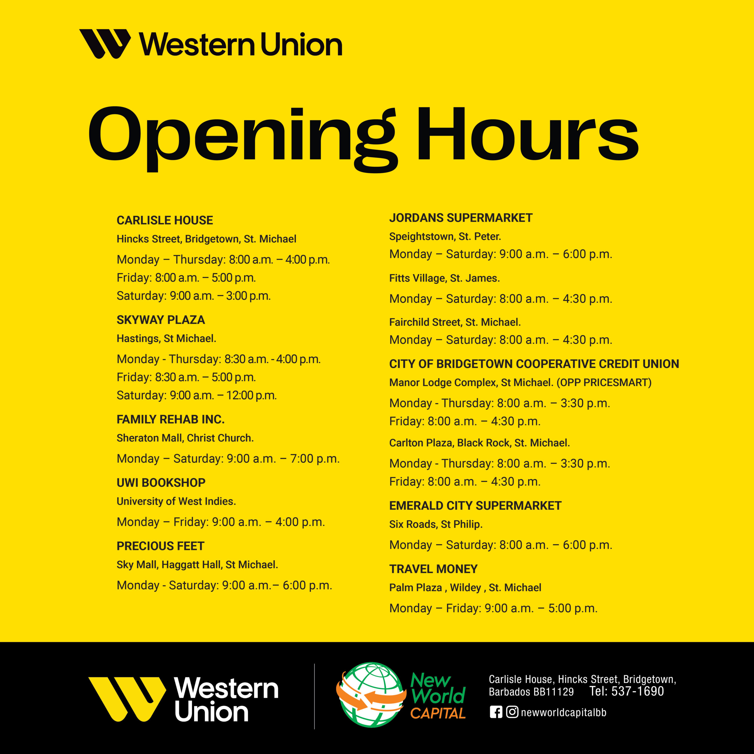Locations - New World Capital - Authorized Agent of Western Union